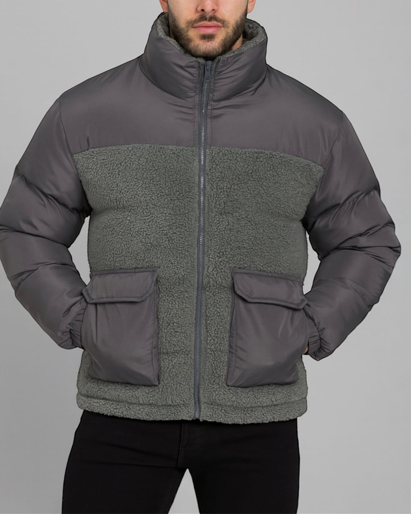 Two-Tone Sherpa Puffer Jacket (Grey Mix) - Urban Boutique